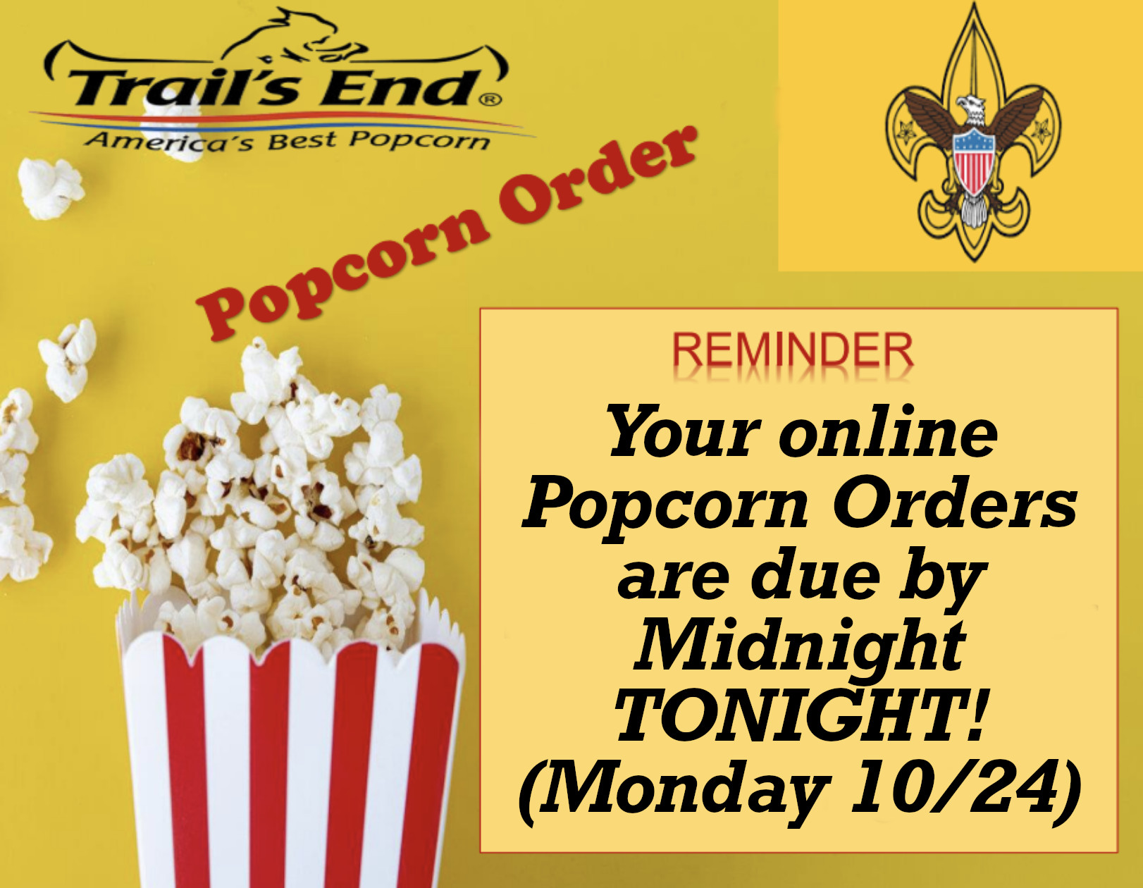 Popcorn Order reminder | Scouting America Sequoia Council